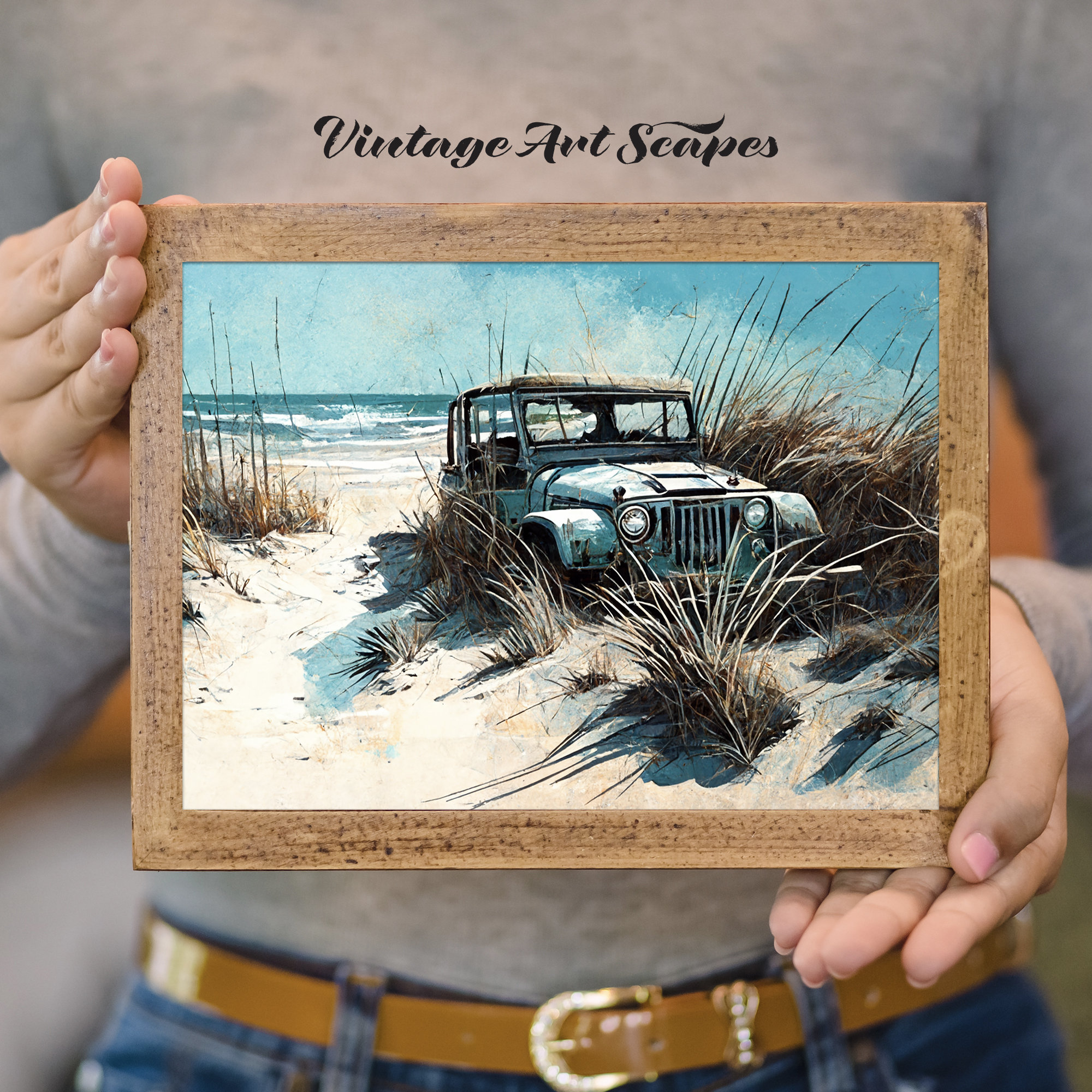 Vintage Beach Painting of a Jeep in the Grass | Printable Digital ...