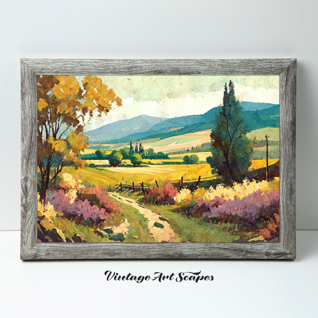 Vintage French Countryside Landscape Painting W/ Path, Trees ...