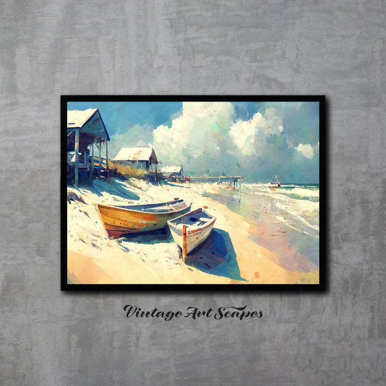 Vintage Painting of Row Boats on Sunny Beach | Printable Digital ...
