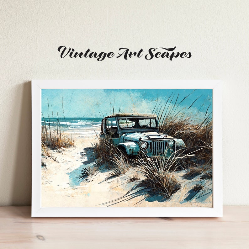 Vintage Beach Painting of a Jeep in the Grass | Printable Digital ...
