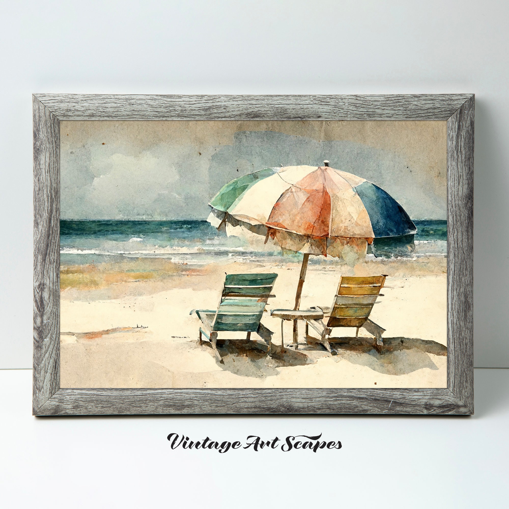 Vintage Painting of Calm Seaside Ocean Chairs and Umbrella | Printable ...