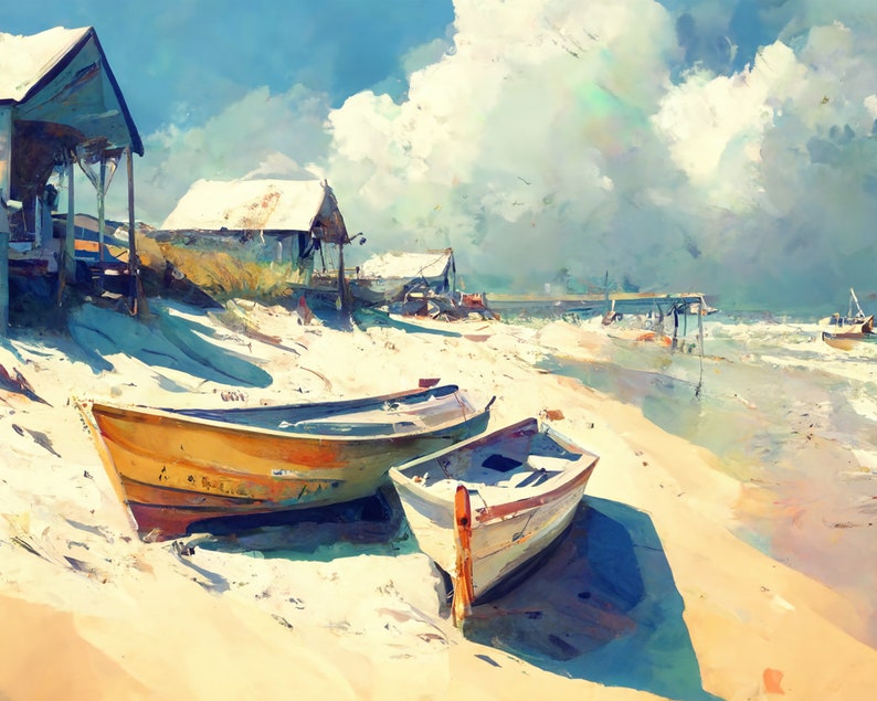 Vintage Painting of Row Boats on Sunny Beach | Printable Digital ...
