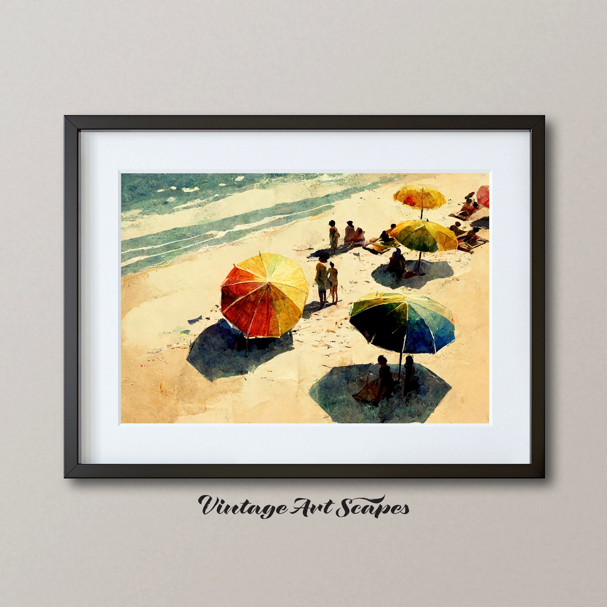 Vintage Beach Painting Retro Style With Umbrellas & People Printable ...