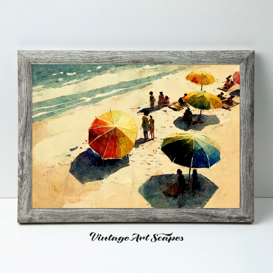 Vintage Beach Painting Retro Style With Umbrellas & People | Printable ...