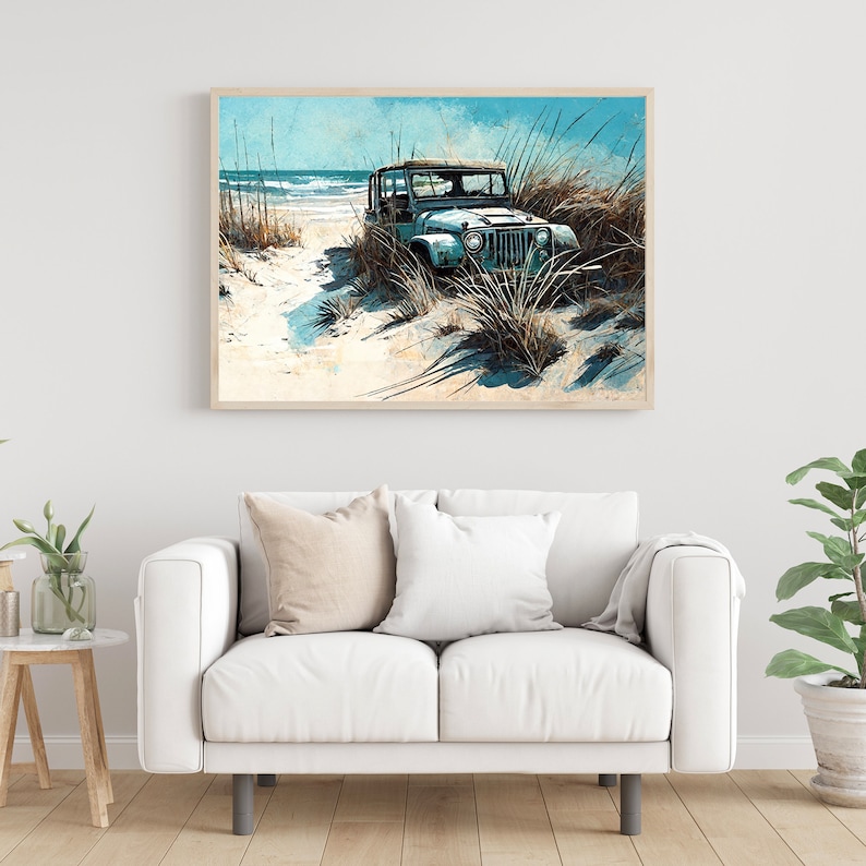 Vintage Beach Painting of a Jeep in the Grass | Printable Digital ...