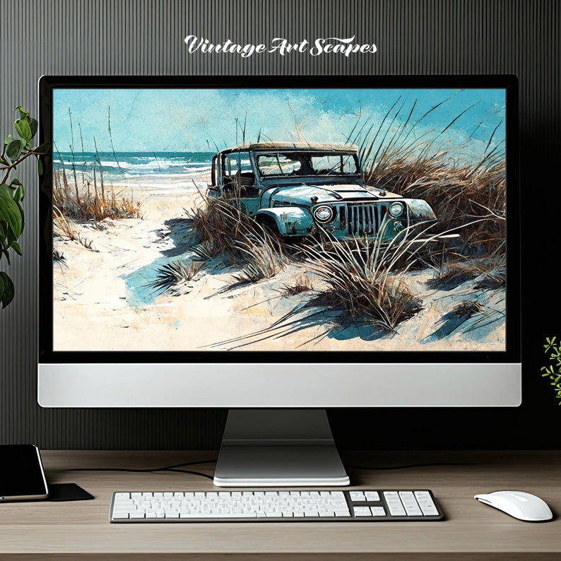 Vintage Beach Painting of a Jeep in the Grass | Printable Digital ...