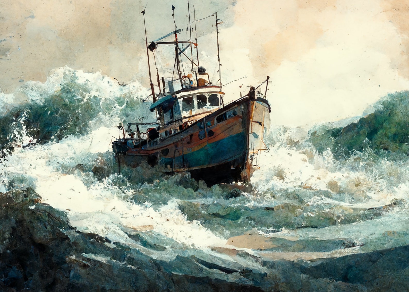 Vintage Painting Fishing Boat Waves Stormy Sea | Printable Digital ...