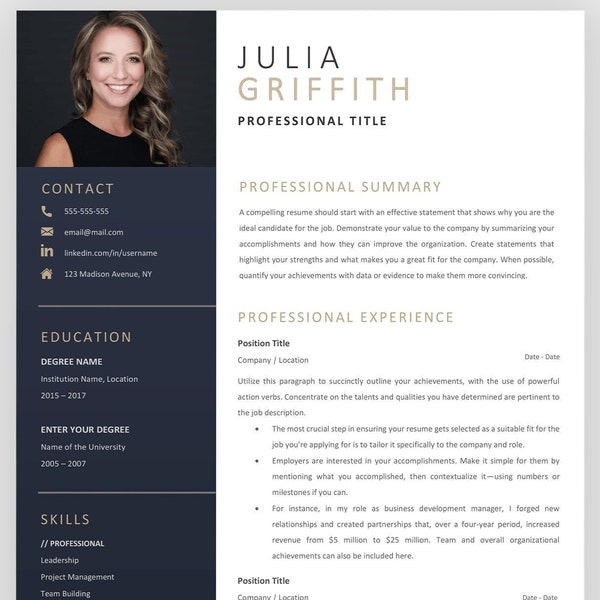 Resume TEMPLATE Professional Modern for Microsoft Word Professional CV Download Save to PDF ...