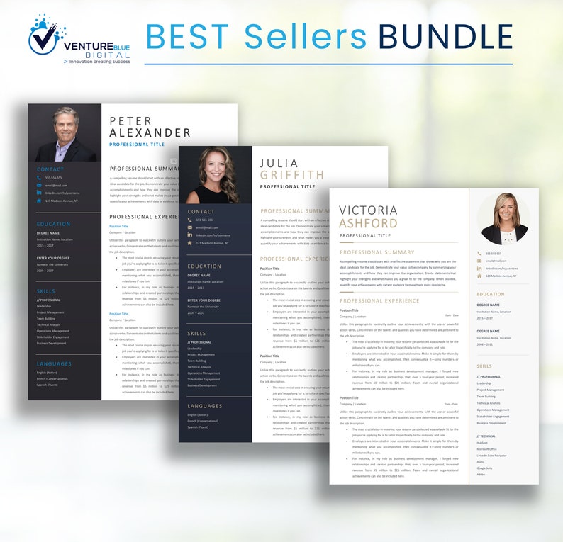 Executive RESUME Word TEMPLATE BUNDLE With Photo – Editable ...