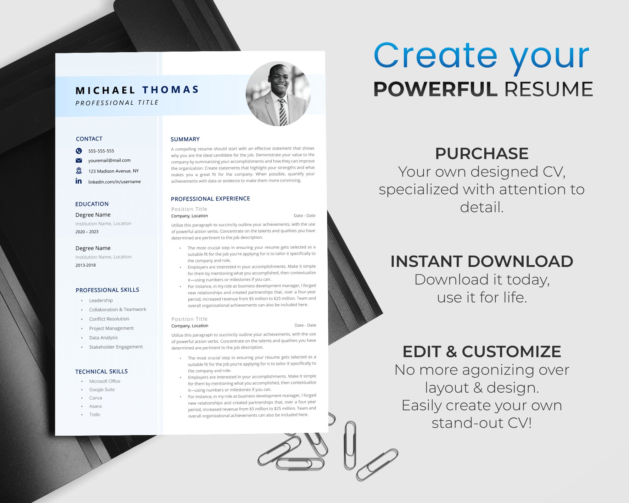 Professional Modern CV Executive RESUME TEMPLATE With Cover Letter and ...