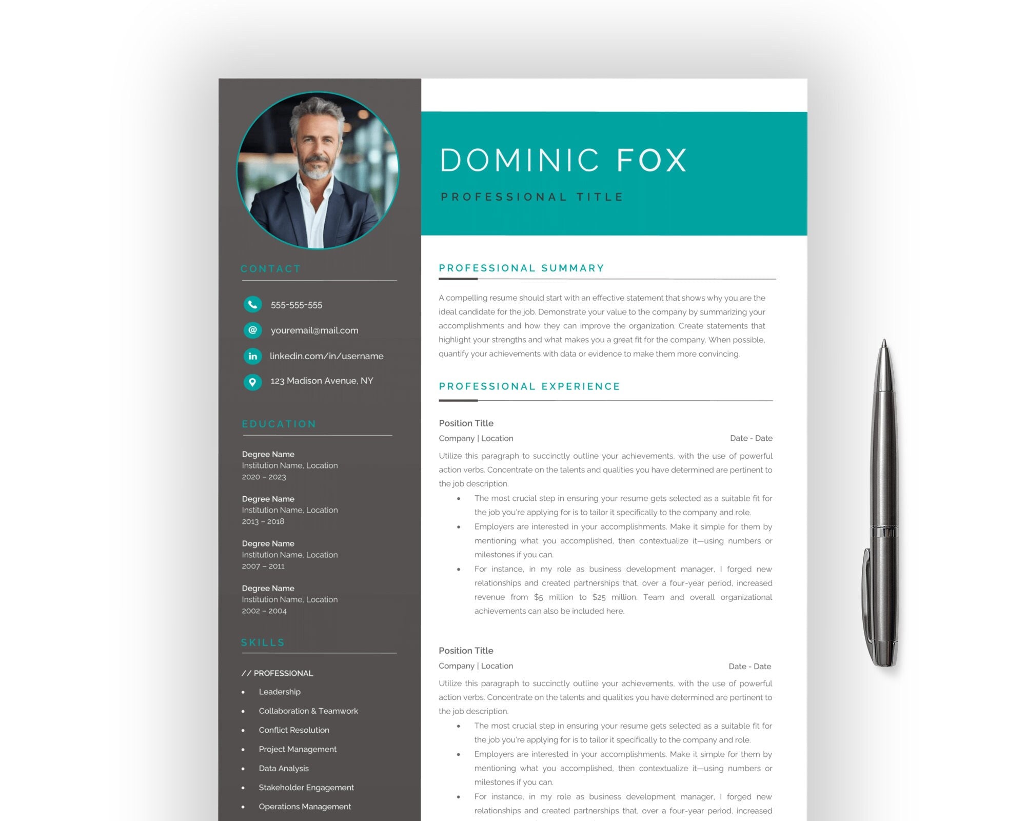 MODERN Executive CV Template for Microsoft Word Professional Resume Download Save to PDF Format ...