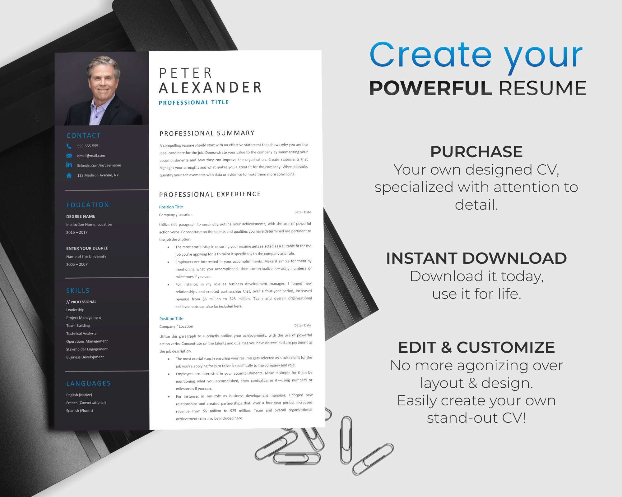 Professional EXECUTIVE RESUME Word TEMPLATE Editable Modern Cv Template ...