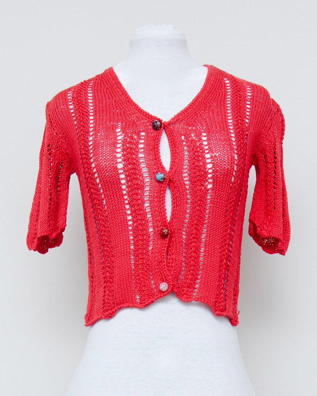 Vintage Italian Red Crotchet Short Sleeve Cardigan With Mismatched ...