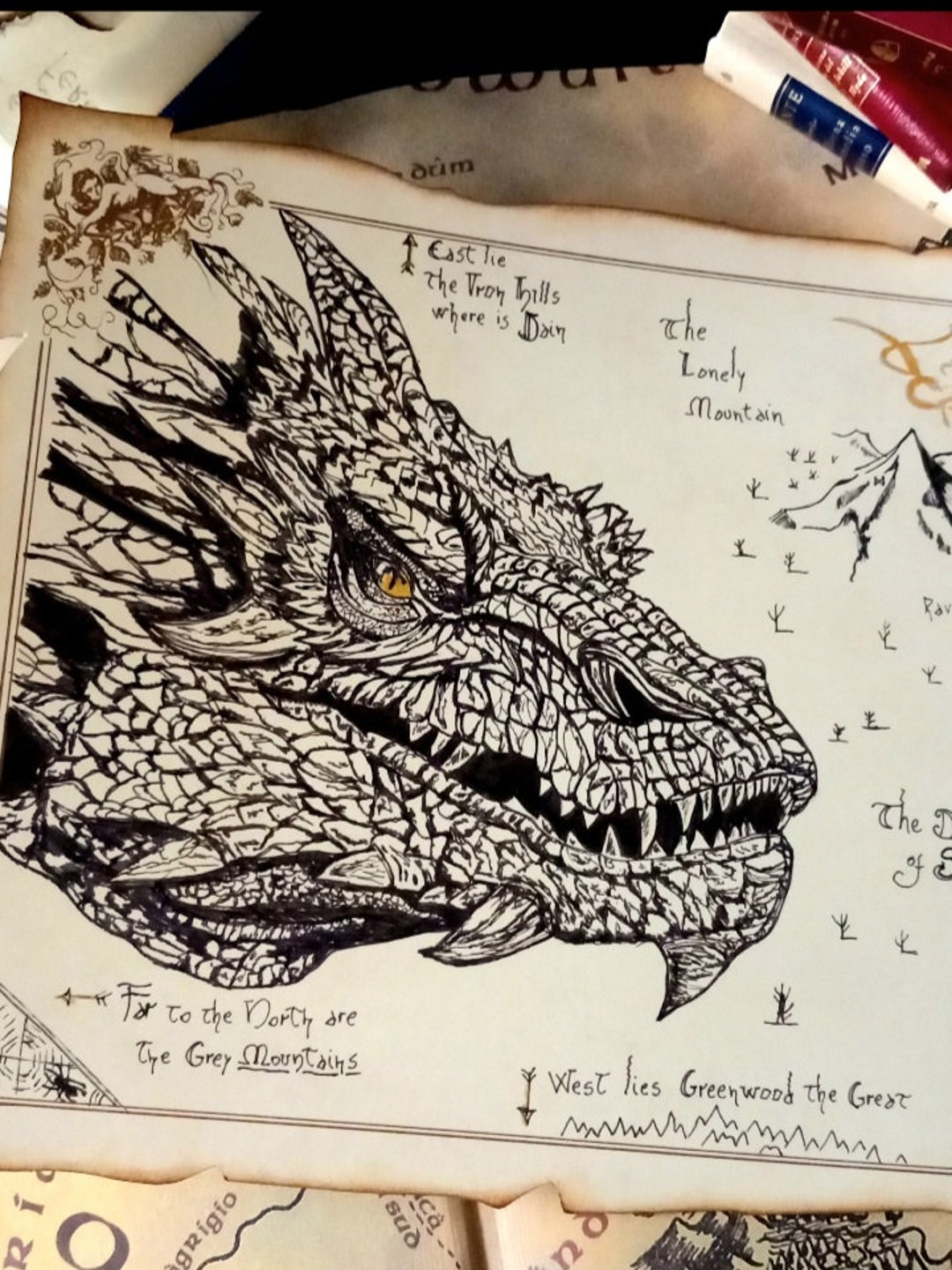 Smaug Old Parchment, Ink and Golden Foil. LOTR Artwork. High Quality ...
