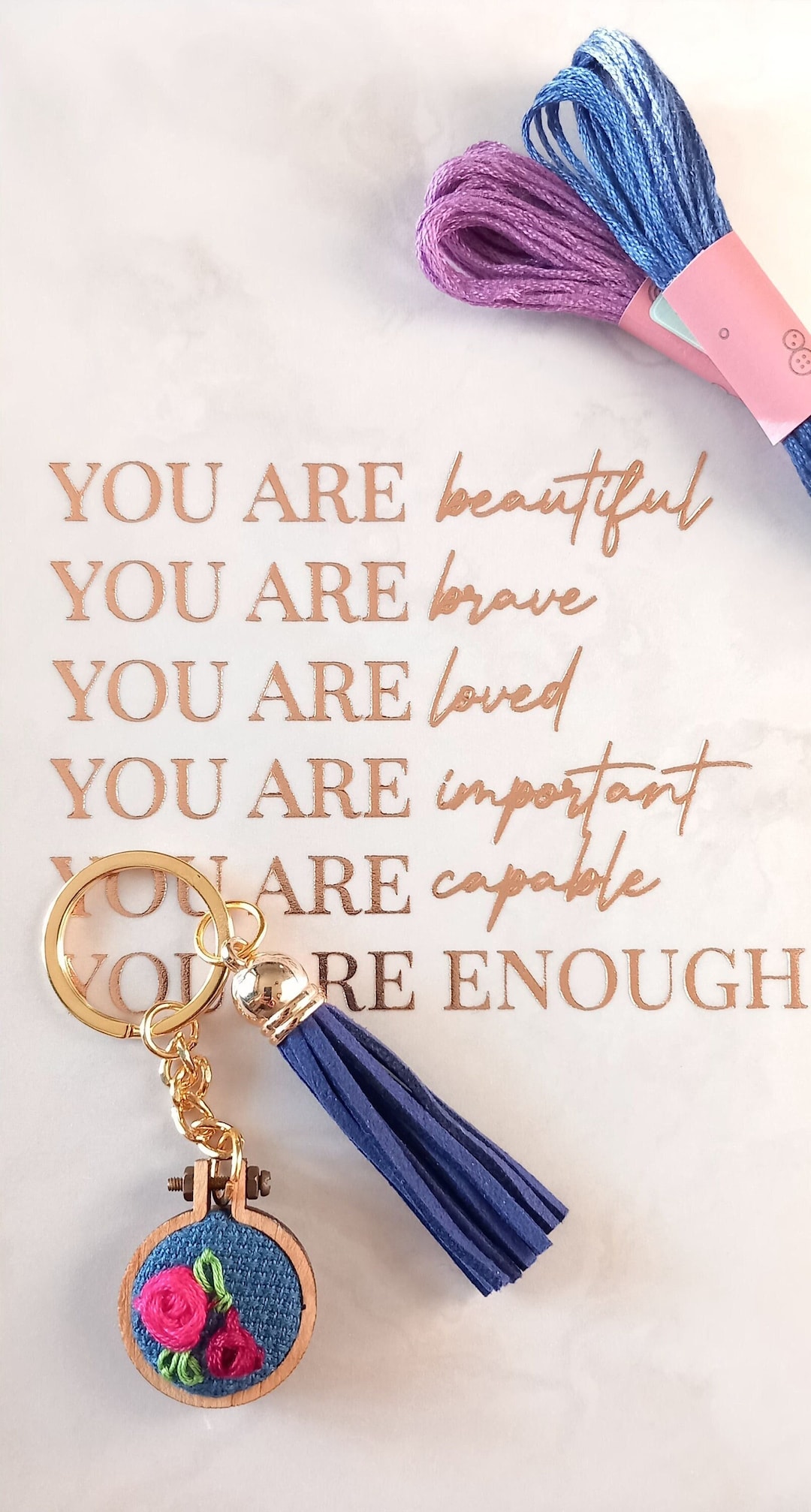 Mini Embroidery Key Chain Pendant. Colorful Flowers on Navy Canvas ...