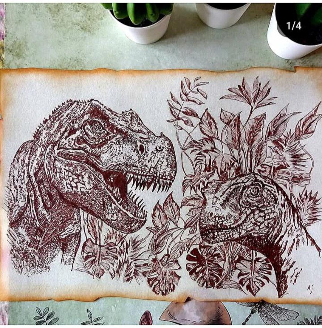 Handmade Dinosaur Drawing: T-rex & Velociraptor Brown Ink Art - Etsy