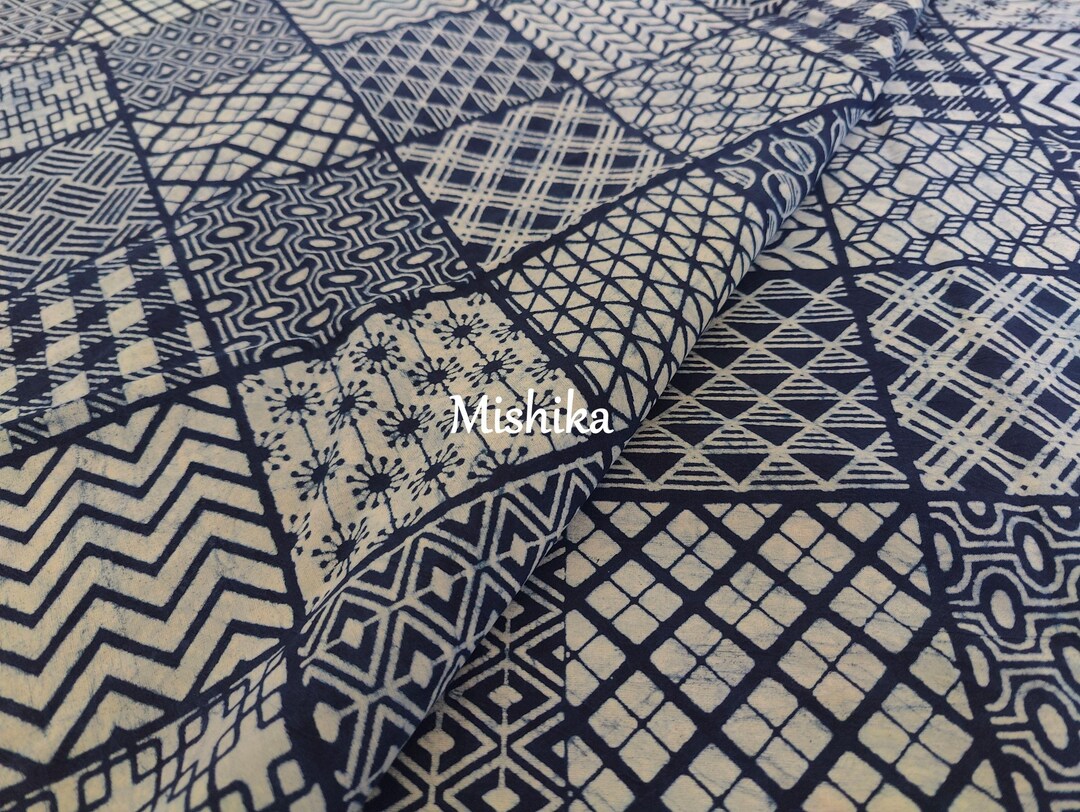 Indigo Blue Patch Print Fabric, Indian Cotton Fabric, Dressmaking ...