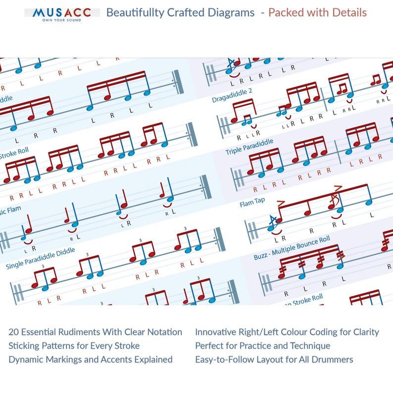 Drum Rudiments Chart | Beginner Drum Keykord Printable | Learn Drumming ...