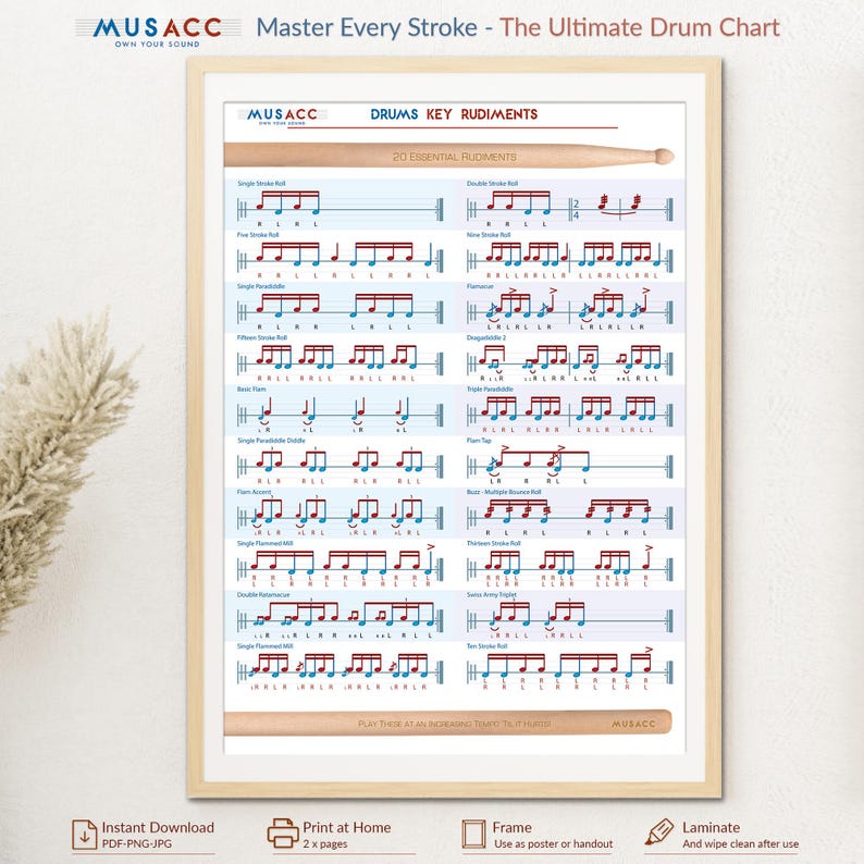 Drum Rudiments Chart | Beginner Drum Keykord Printable | Learn Drumming ...