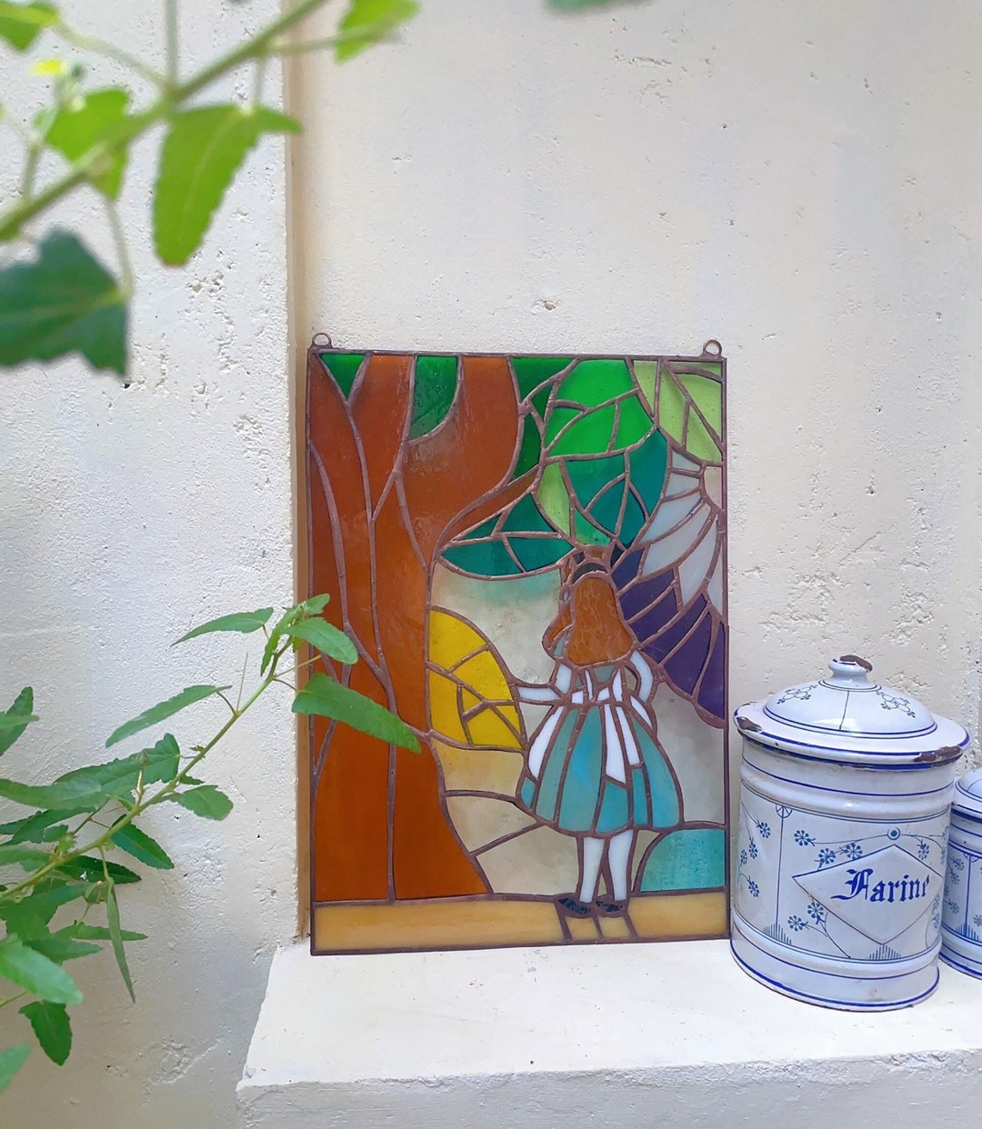 Vintage Tiffany Wall Glass Forest Princess Glass to Hang Handmade ...