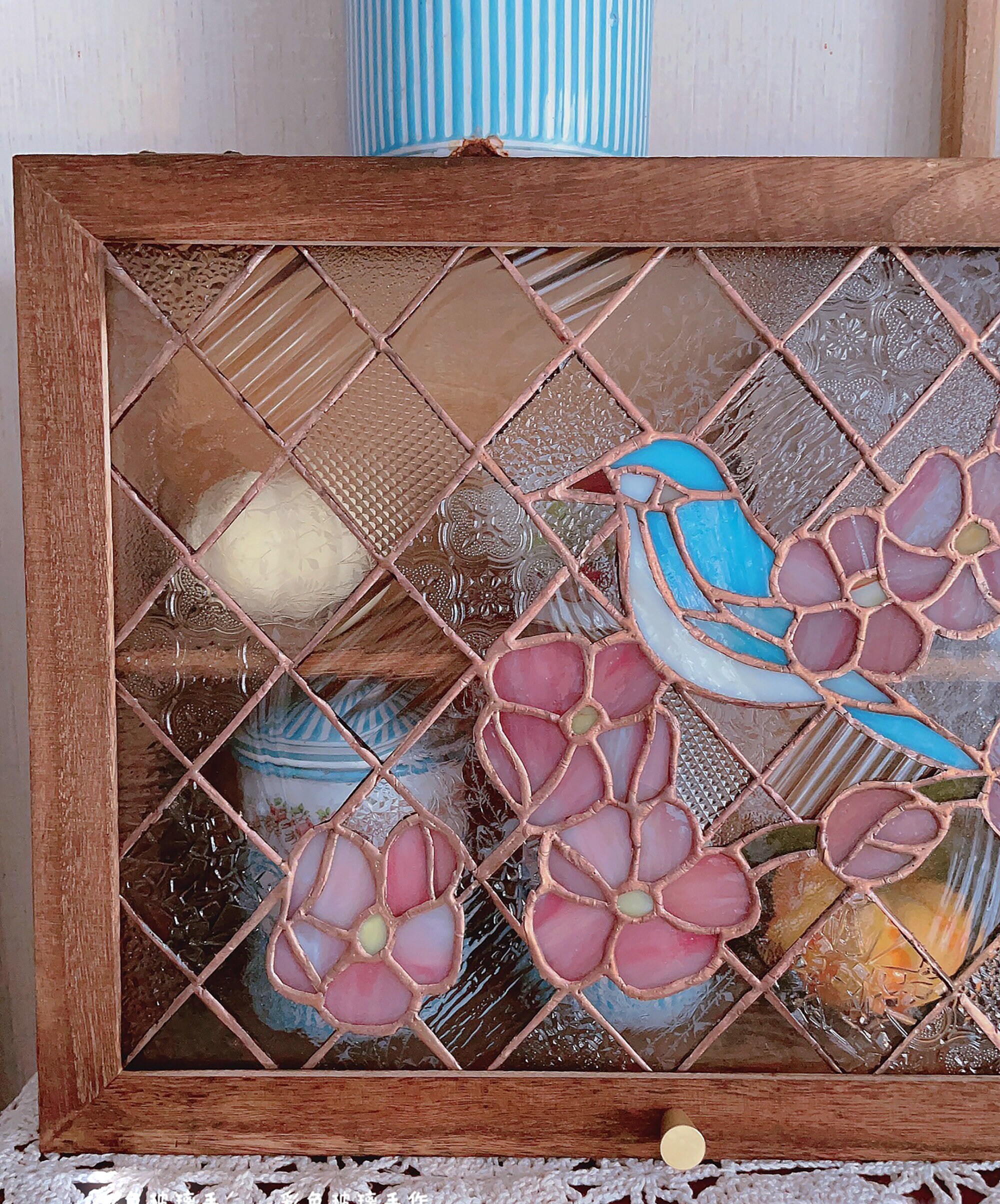 Vintage Solid Wood Stained Glass Storage Cabinet Desktop Storage Cabinet Tiffany Glass Handmade