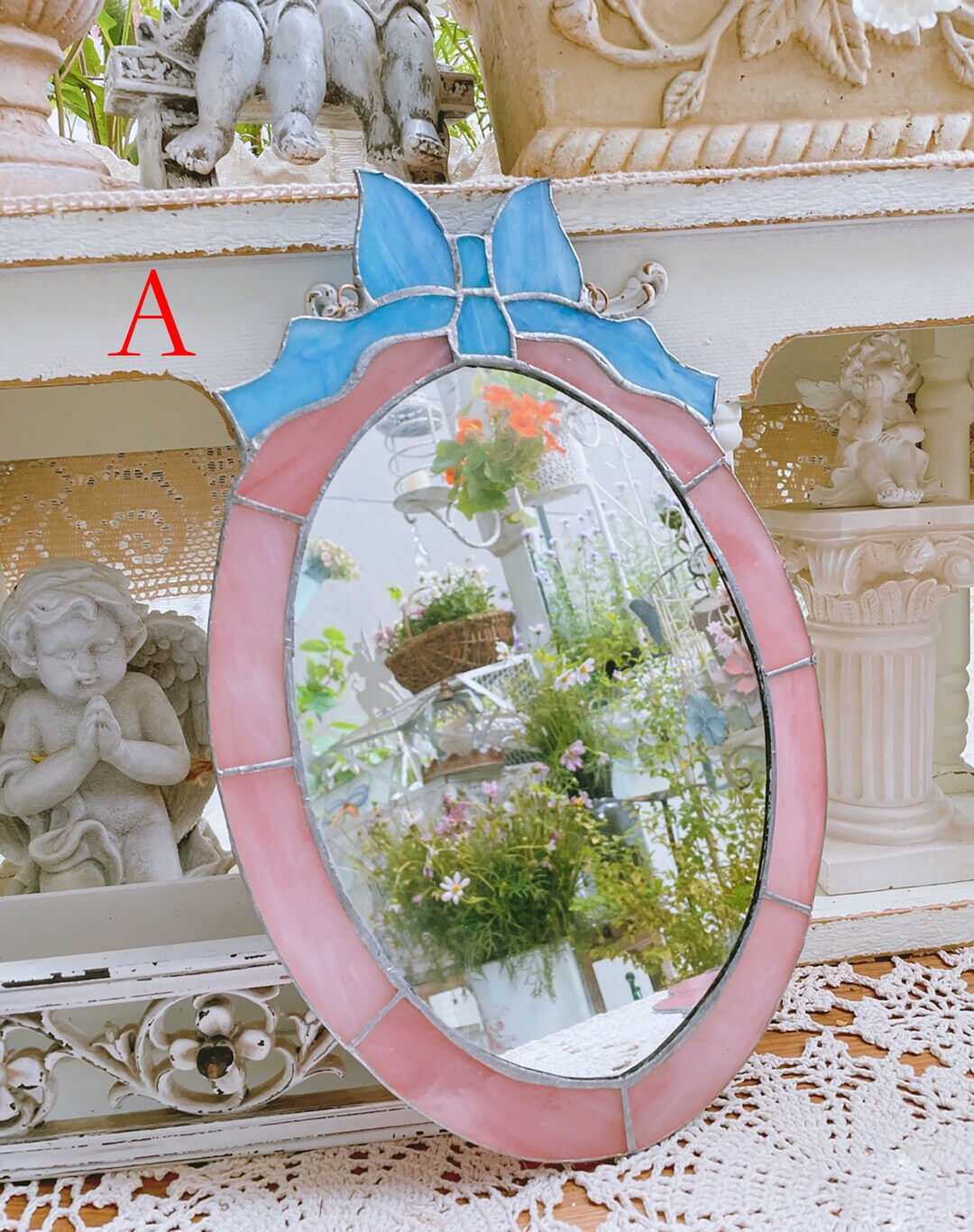 Vintage Tiffany Wall Mirror Glass Pink Heart Mirror to Hang Handmade ...