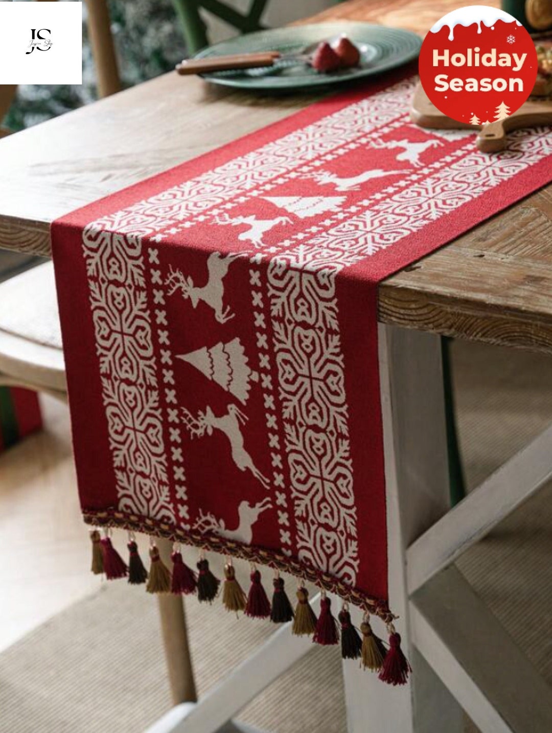 Christmas Table Runner Tree and Elk Vintage Table Runner for - Etsy