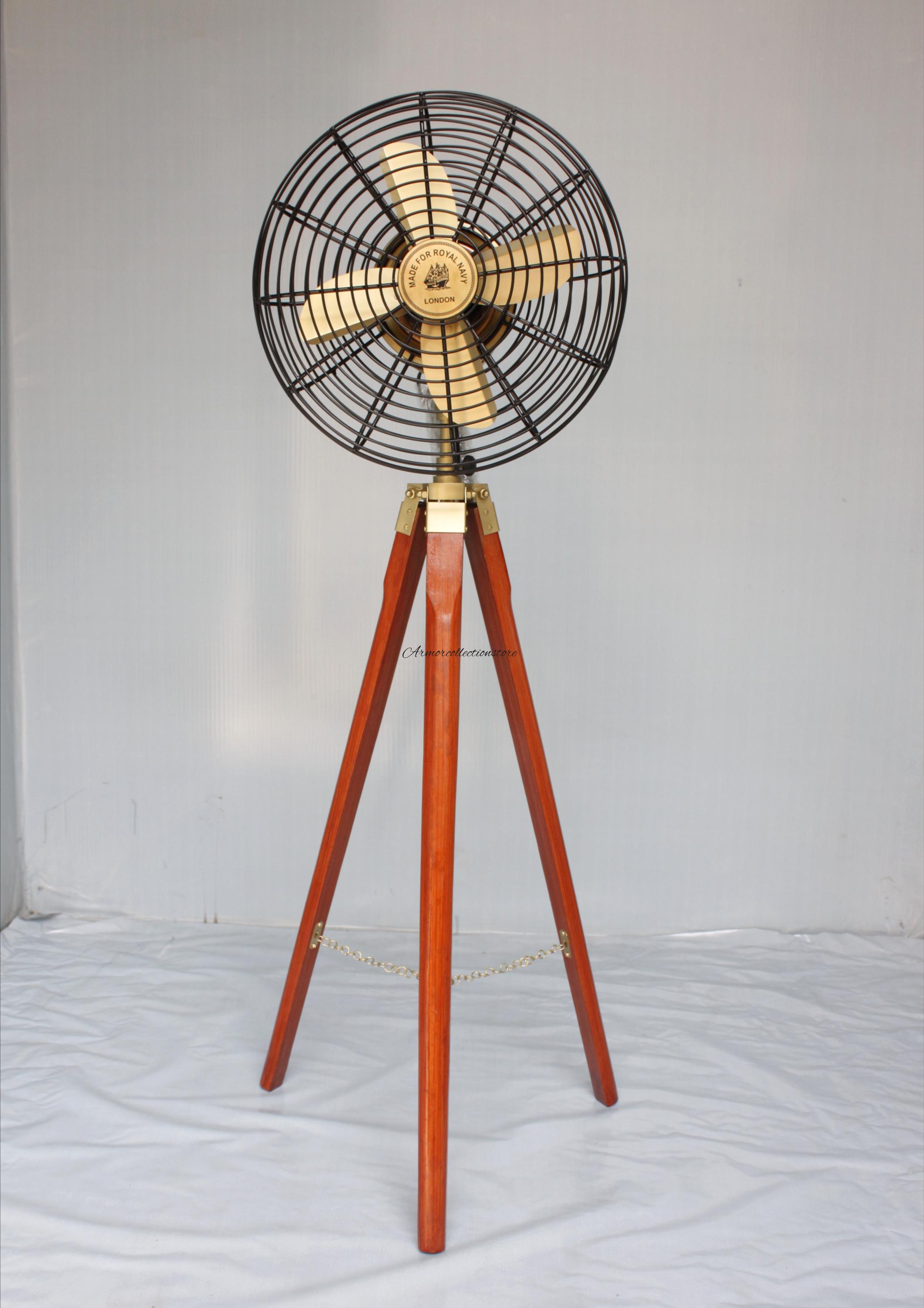 HANDMADE Brass Finish Antique Fan With Wooden Adjustable Tripod Stand ...