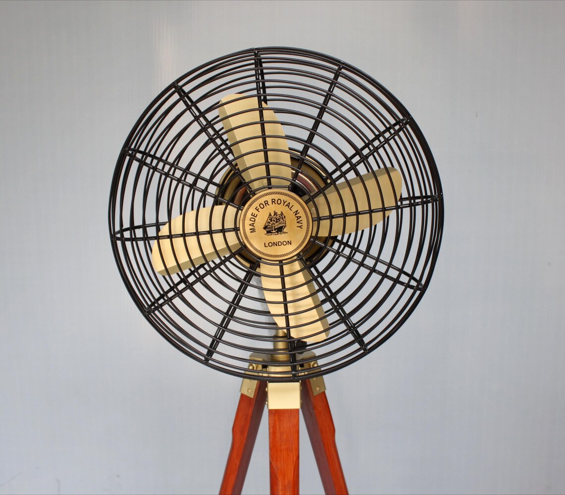 HANDMADE Brass Finish Antique Fan With Wooden Adjustable Tripod Stand ...