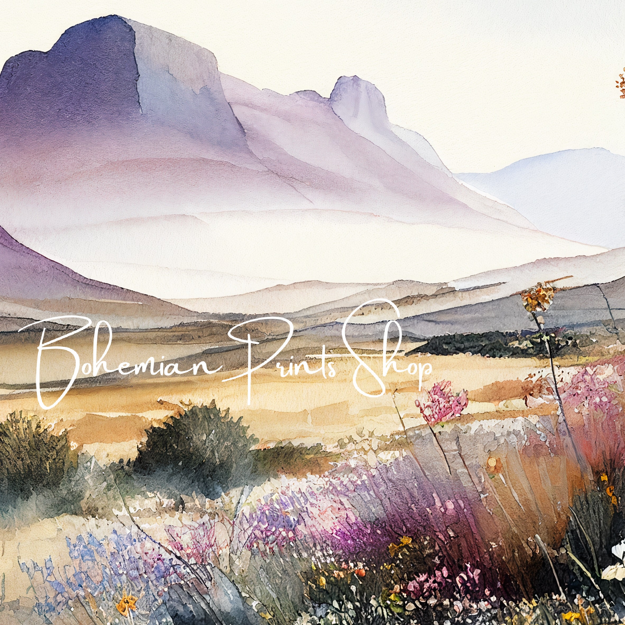 Printable Meadow by the Mountains Watercolour Wall Art Square Landscape ...