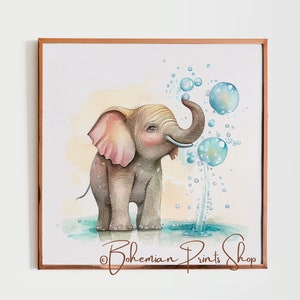 Printable Baby Elephant With Bubbles Watercolour Wall Art Square Print ...