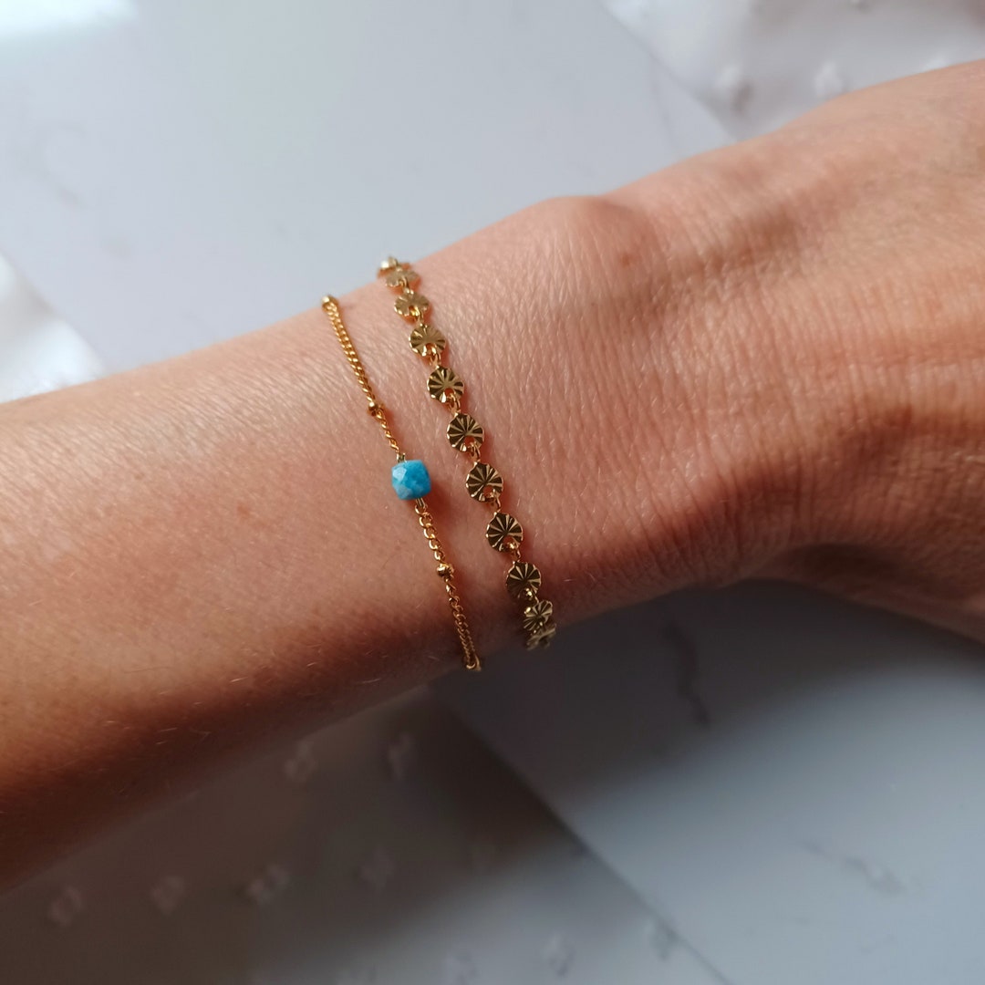 Double Row Bracelet in Gold Steel With Apatite or Lapis-lazulli Stone, Trendy Chic and ...