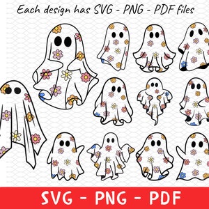 Halloween Flower Ghost Bundle Svg Png, Daisy Ghost Svg&png, Cute Ghost ...