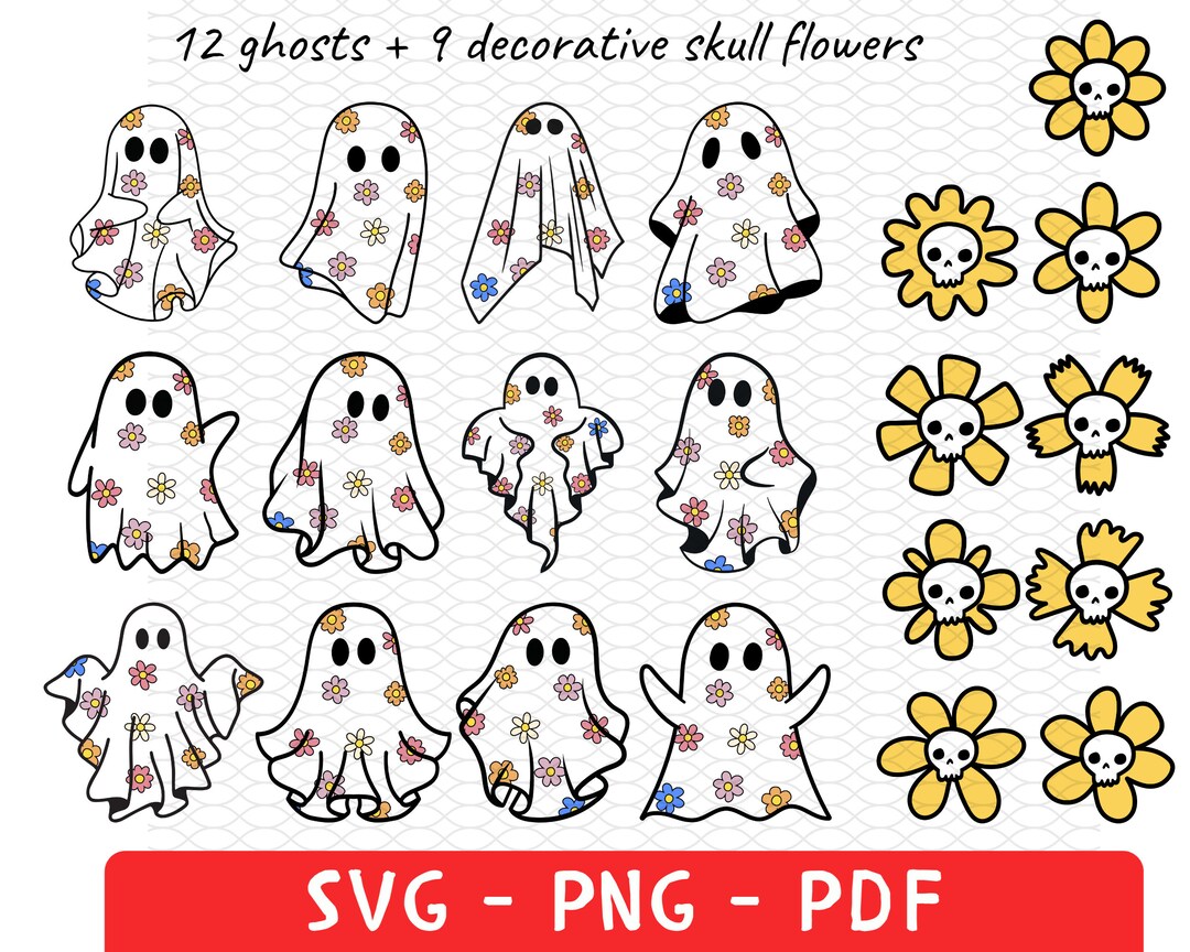 Halloween Flower Ghost Bundle Svg Png, Daisy Ghost Svg&png, Cute Ghost ...