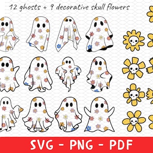 Halloween Flower Ghost Bundle Svg Png, Daisy Ghost Svg&png, Cute Ghost ...