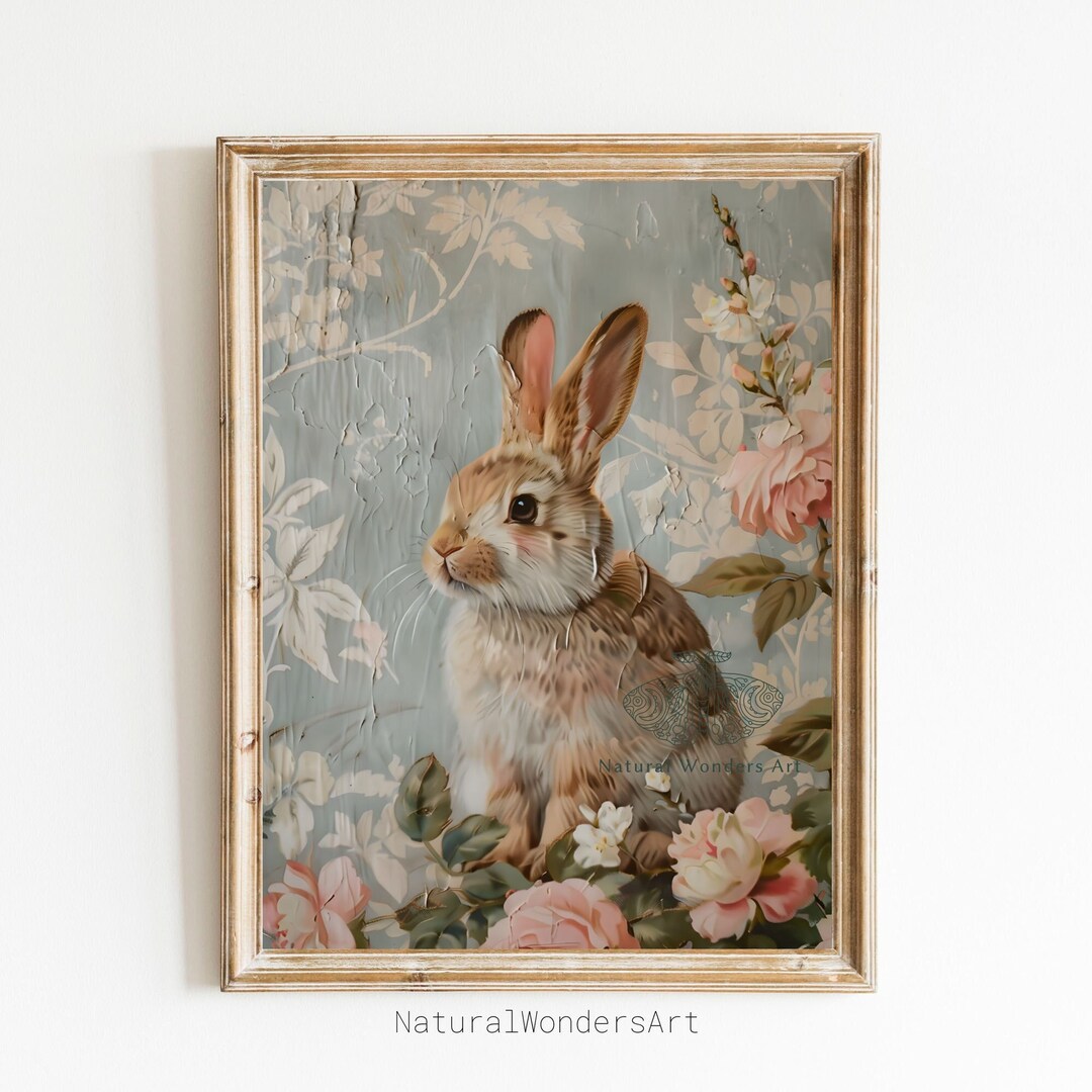 Vintage Rabbit Prints, Peony Painting Flower Wall Art Antique Animal ...