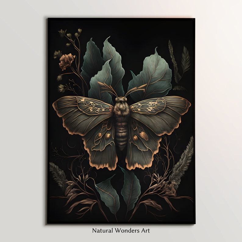 Botanical Moth Dark Cottagecore Wall Art Moody Floral - Etsy
