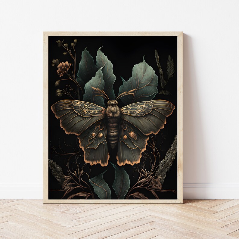 Botanical Moth Dark Cottagecore Wall Art Moody Floral - Etsy