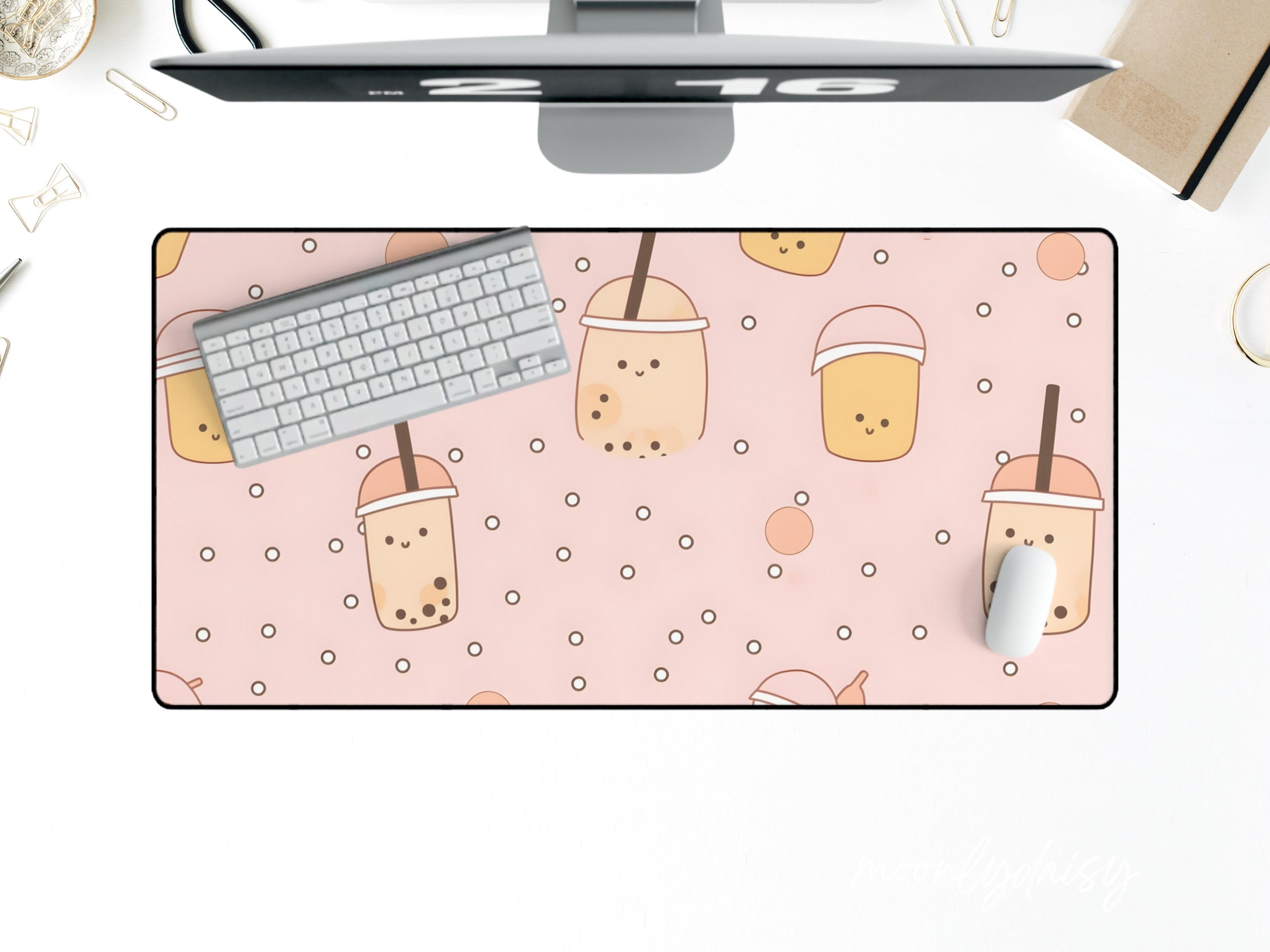 Bubble Milk Tea Desk Mat, Cute Boba Tea Mouse Pad, Dreamy Light Pink ...