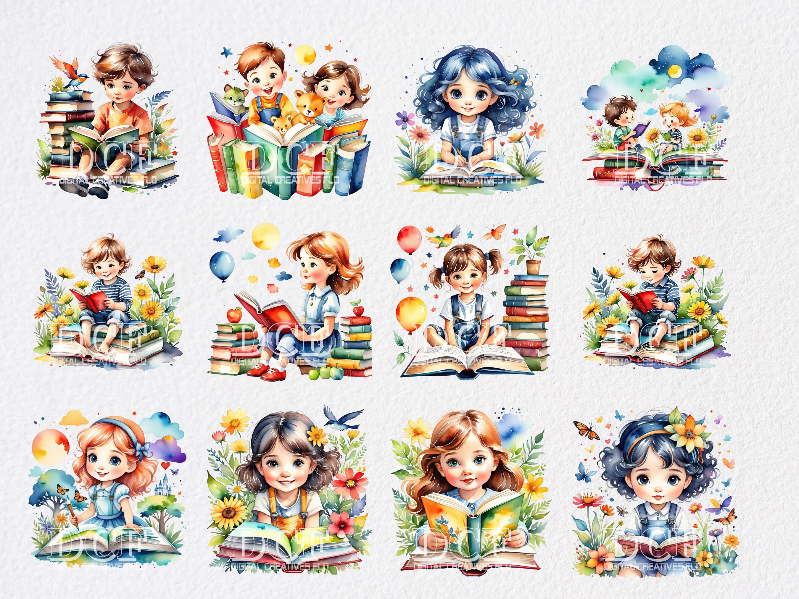 Kids Reading Clipart, Kids Reading Books, Watercolor, Children Reading ...