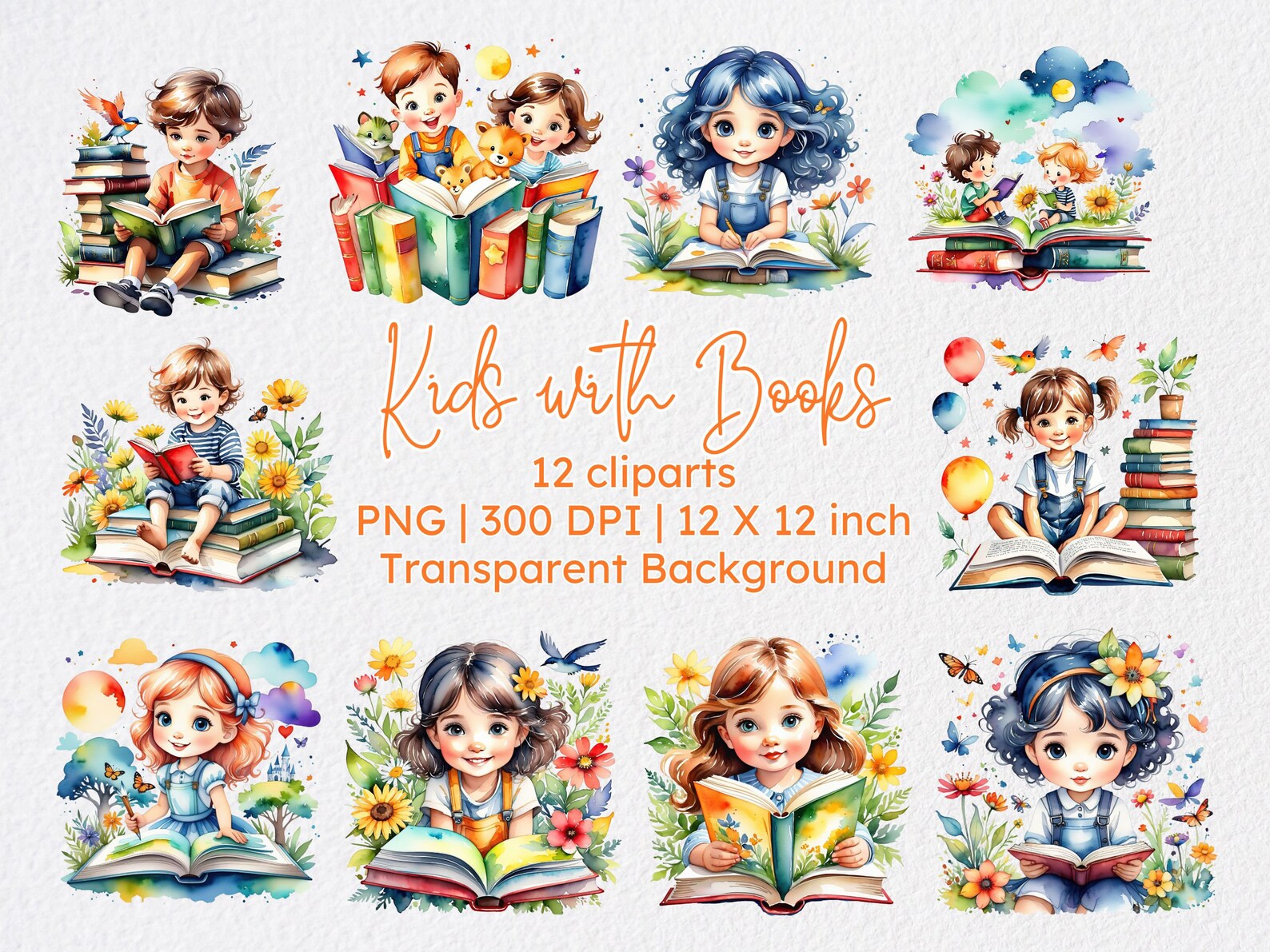 Kids Reading Clipart, Kids Reading Books, Watercolor, Children Reading ...