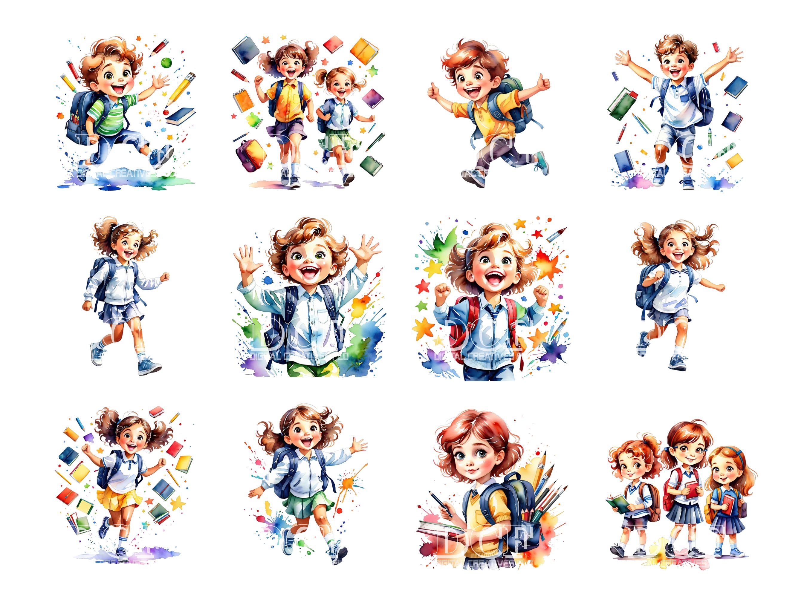 Whimsical Watercolor Kids Clipart Set Back to School Illustrations, PNG ...