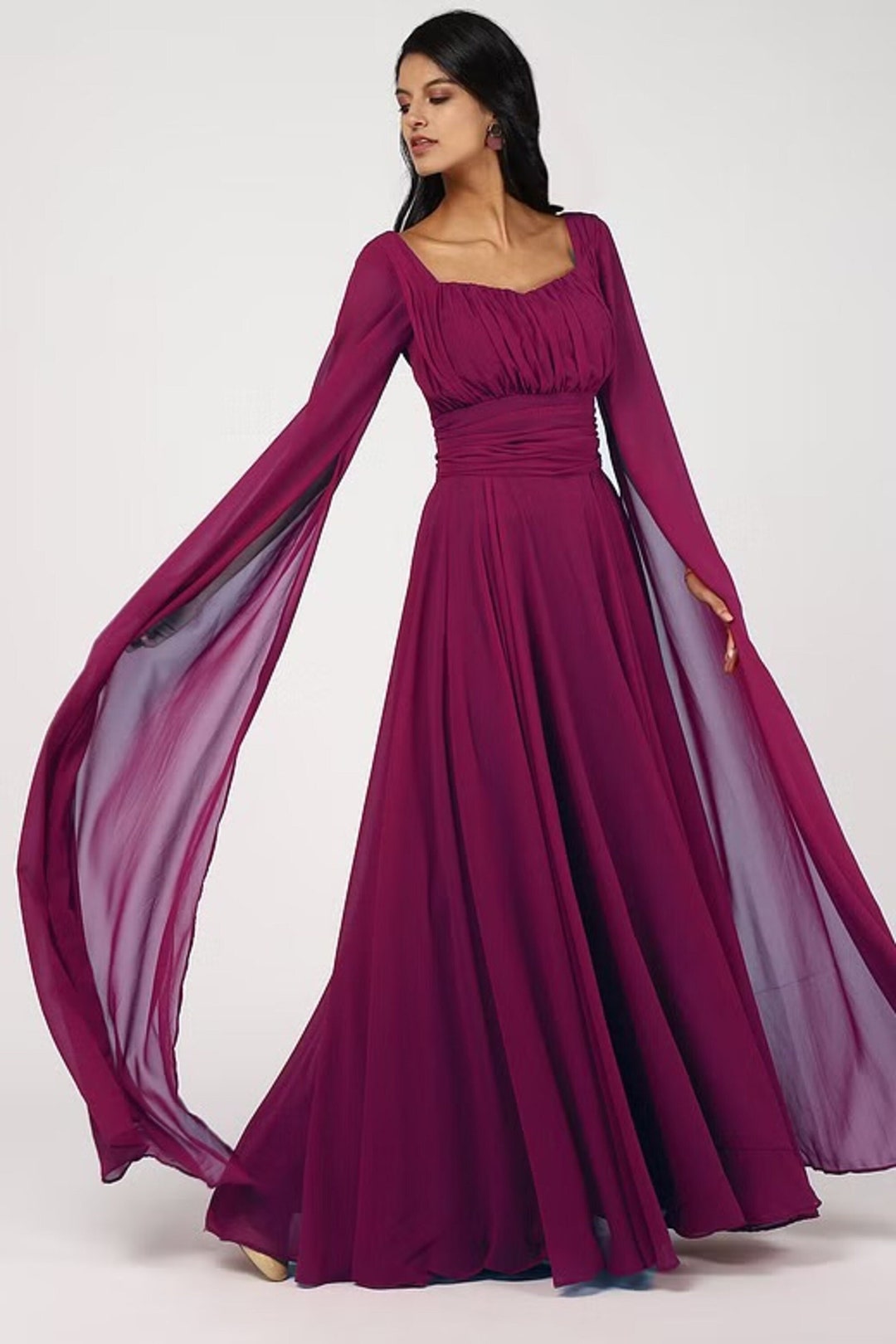 Burgundy Long Sleeves Dress | Cape Sleeves Dress | Bridesmaid Dress ...