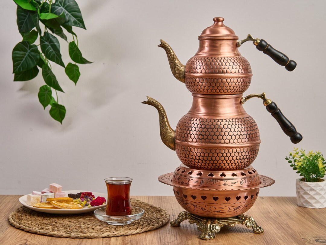 Copper Tea Pot With Heater, Teapot Warmer Samovar, Tea Maker, Turkish ...
