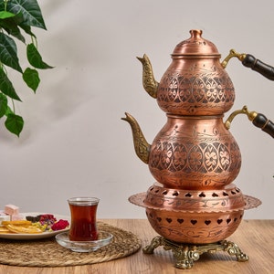 Copper Tea Pot With Heater, Teapot Warmer Samovar, Tea Maker, Turkish ...
