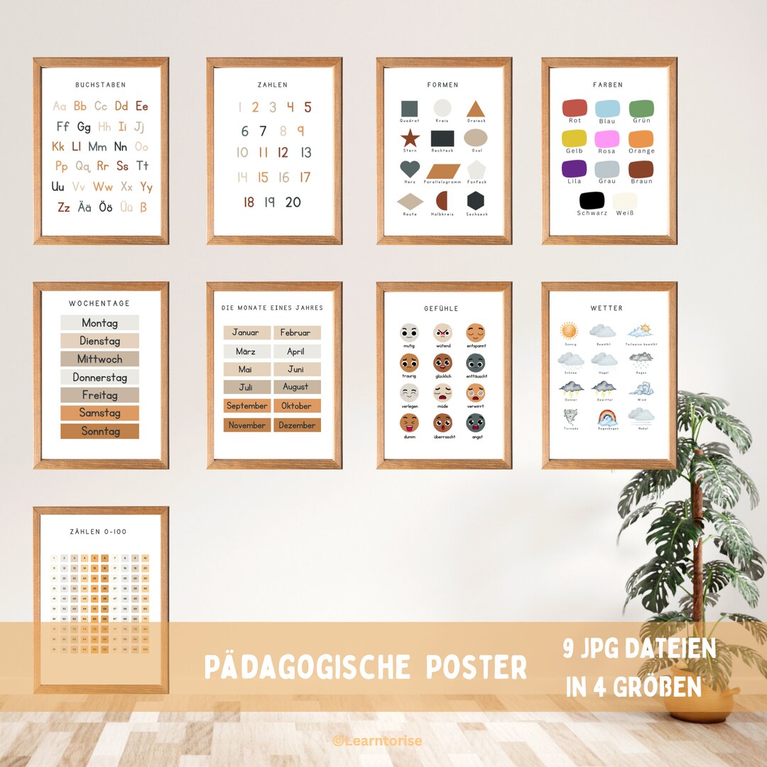 Set of 9 Learning Posters, Alphabet, Numbers, Shapes, Colors, Weeks of ...