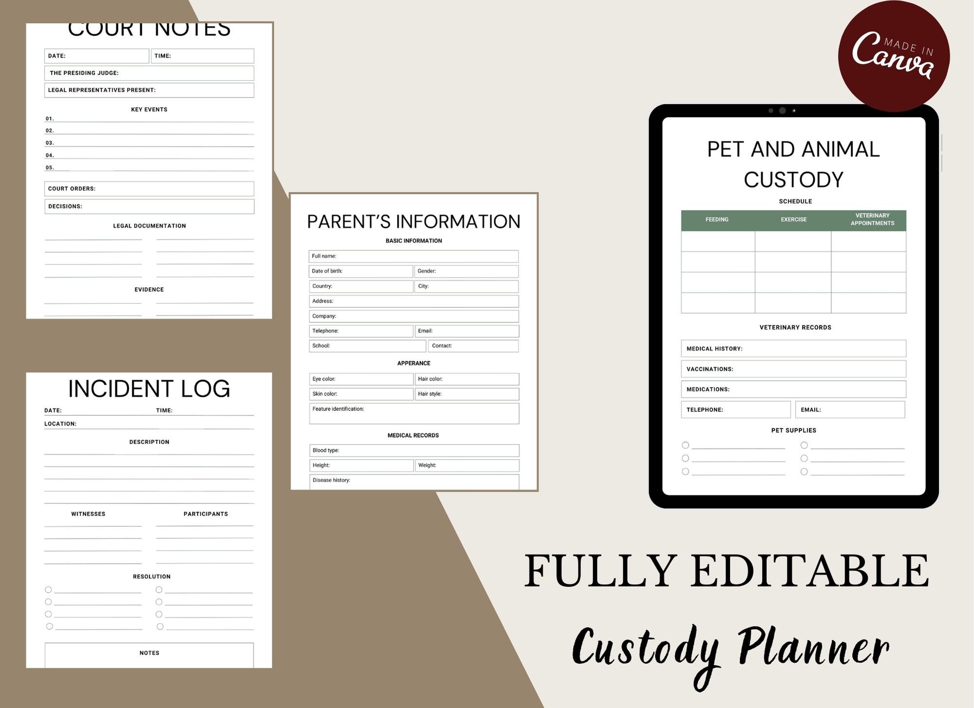 Child Custody Planner, Printable Binder Child Custody, Fillable PDF Co ...