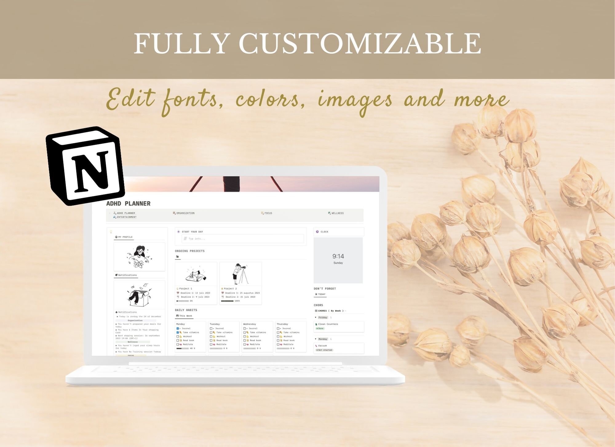 Notion Template ADHD Planner Productivity Self Care Planner Notion Dashboard ADHD Digital ...