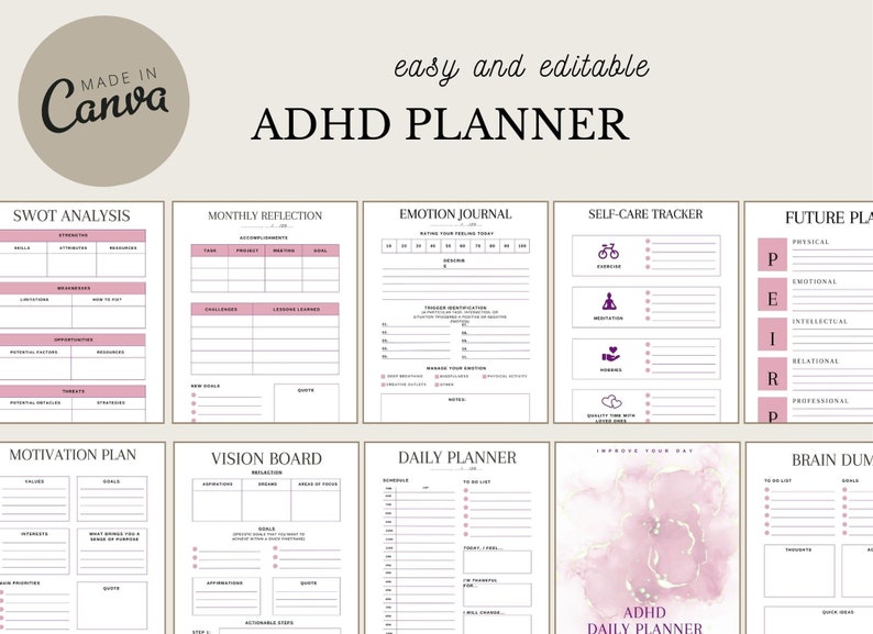 Undated Adhd Planner Monthly Digital Calendar, Customizable Editable ...