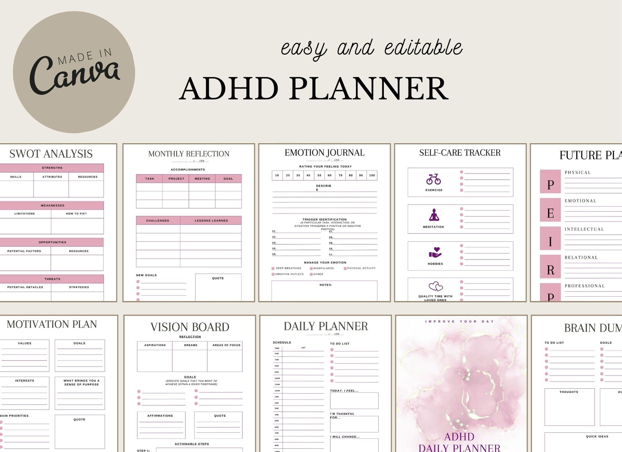 Undated Adhd Planner Monthly Digital Calendar, Customizable Editable ...